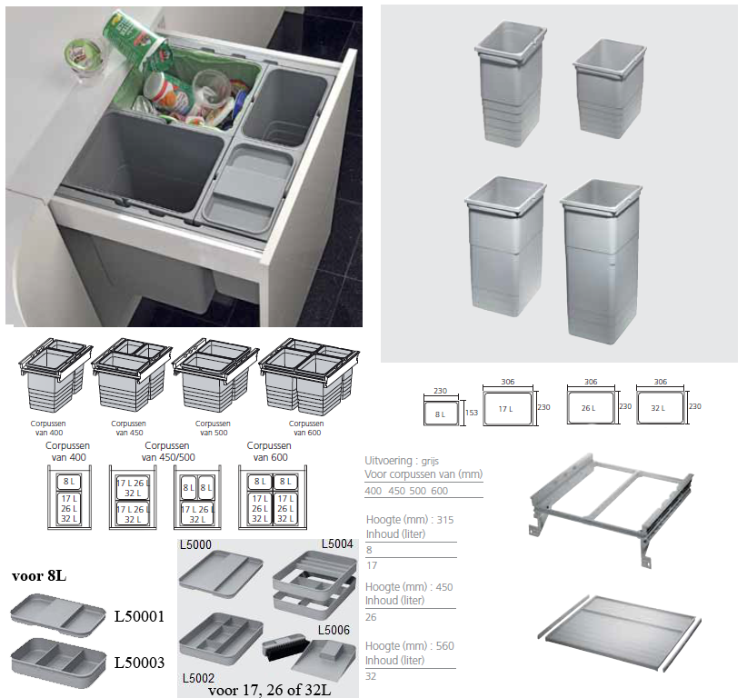Afvalemmer - inbouw - afvalemmers - Afvalemmer kast 40 cm - Front/deurbediening