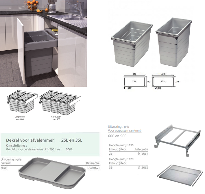Afvalemmer - inbouw - afvalemmers - Afvalemmer kast 60 cm - Front/deurbediening